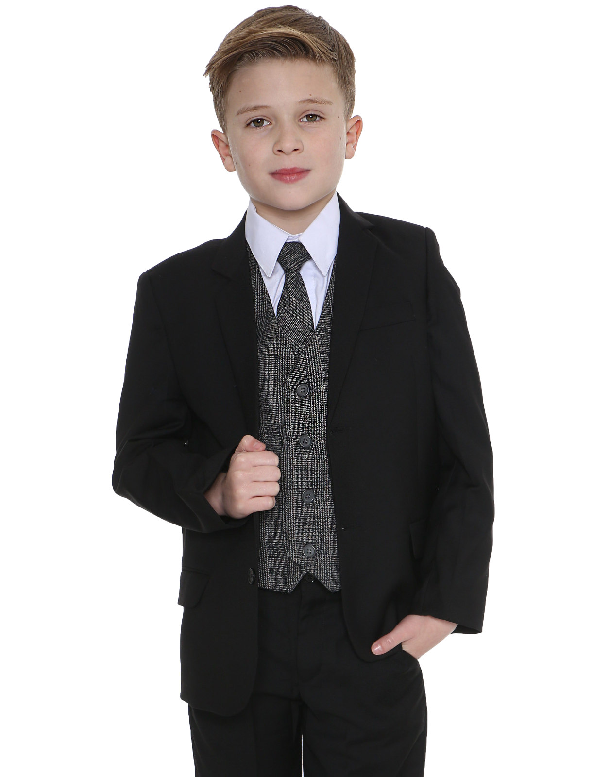 Boys 5 Piece Black Suit with Grey Check Billy – Suits n Dresses