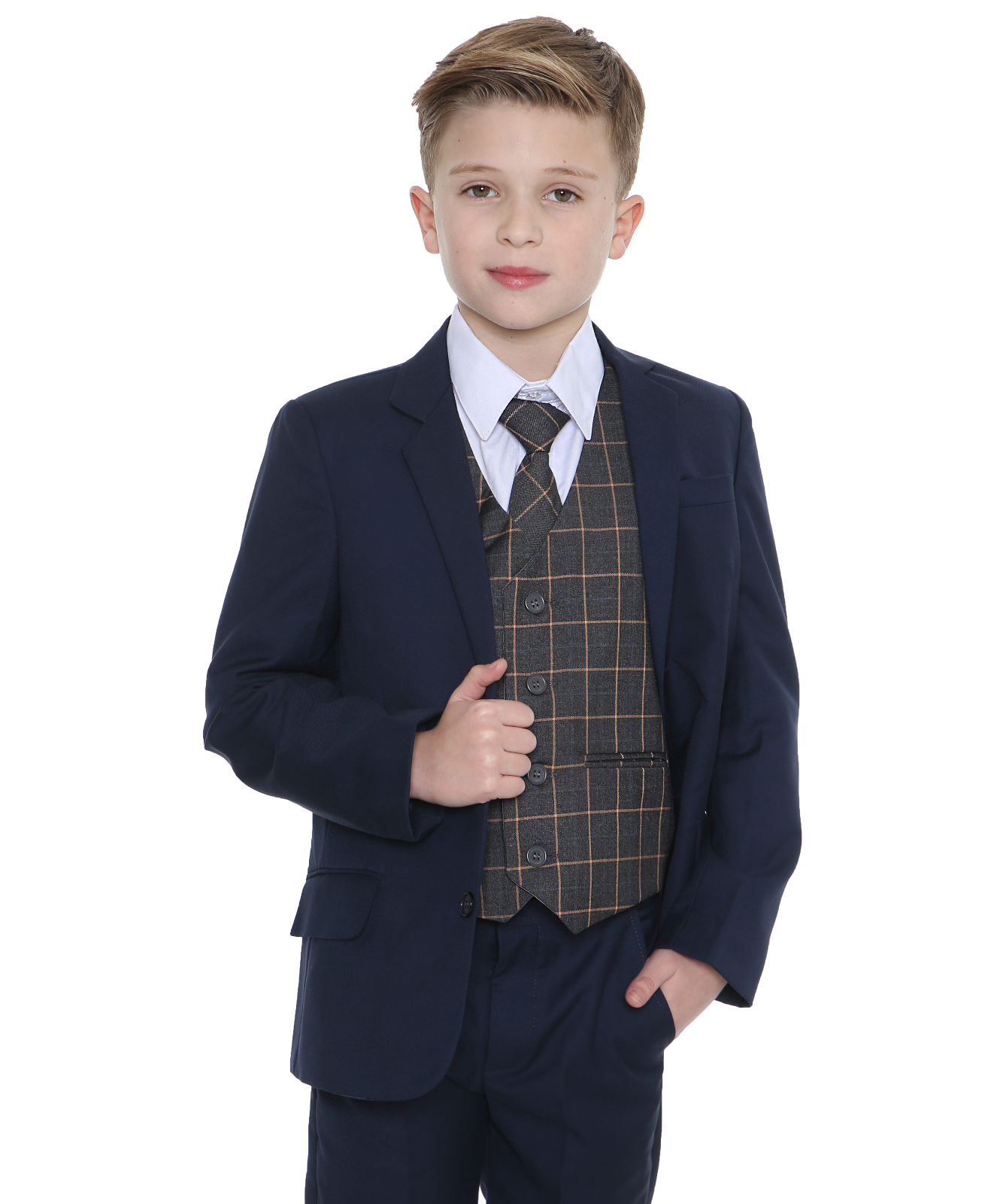Boys 5 Piece Navy Suit with Grey Check Finn – Suits n Dresses